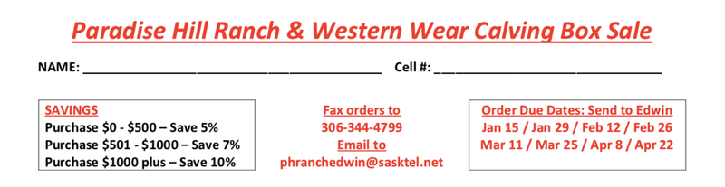 Calving Box Sale 2020 – Paradise Hill Ranch and Western Wear